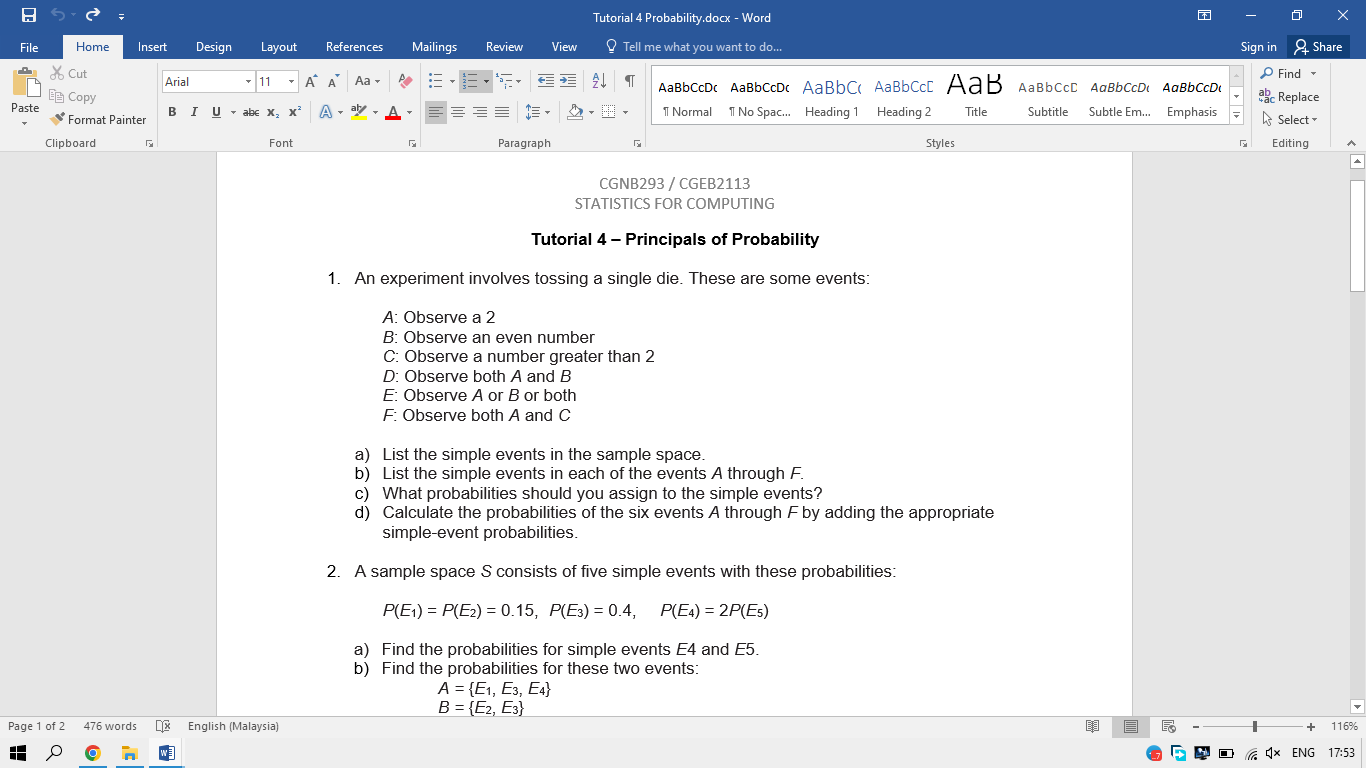Solved 1. An experiment involves tossing a single die. These | Chegg.com