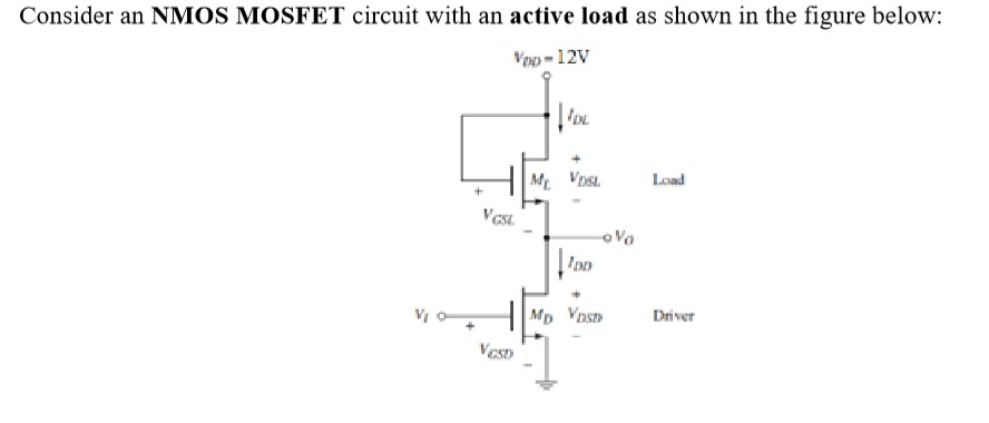 Solved Consider an NMOS MOSFET circuit with an active load | Chegg.com