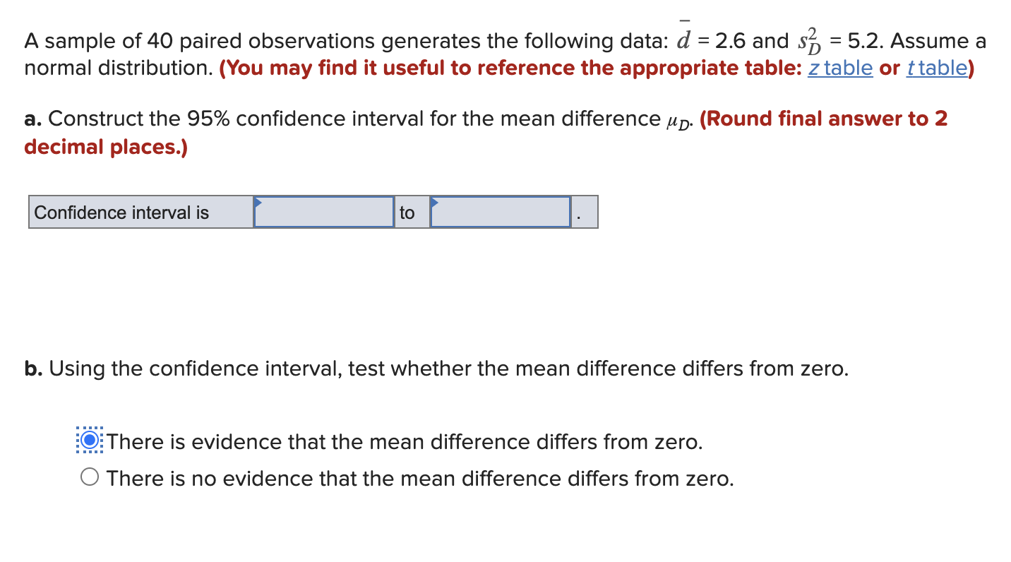 Solved = = A sample of 40 paired observations generates the | Chegg.com
