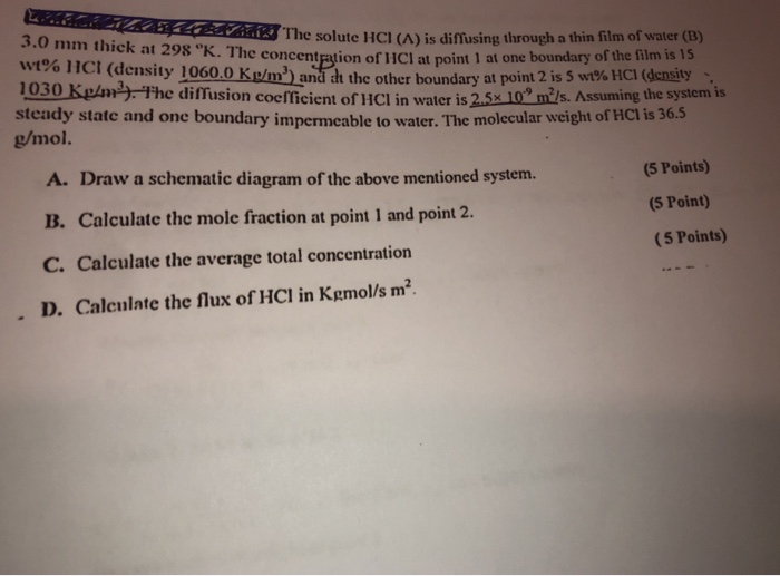 Solved EAzis The solute HCI (A) is diffusing through a thin | Chegg.com