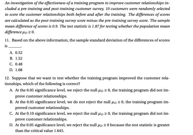 Solved An investigation of the effectiveness of a training | Chegg.com