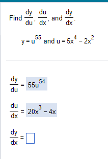 Solved Find dydu,dudx, ﻿and dydx.y=u55 ﻿and | Chegg.com