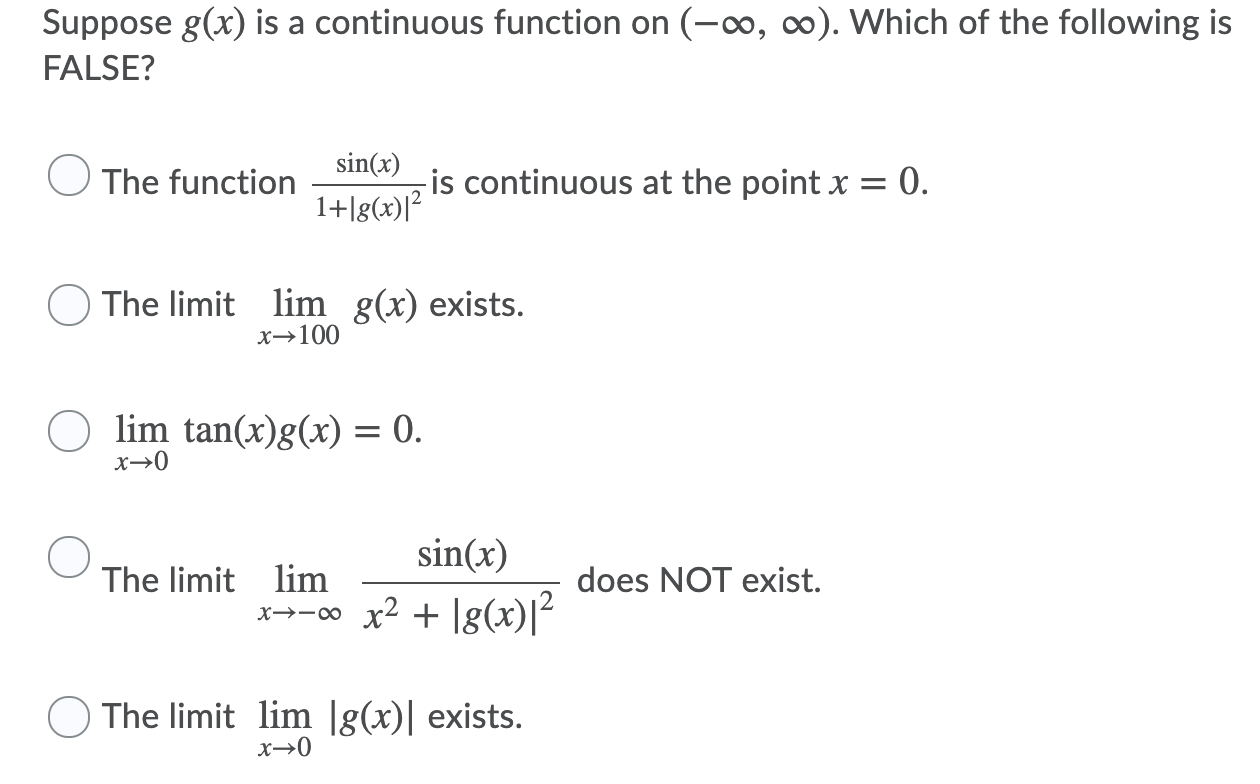Solved Suppose g(x) is a continuous function on (-0, 00). | Chegg.com