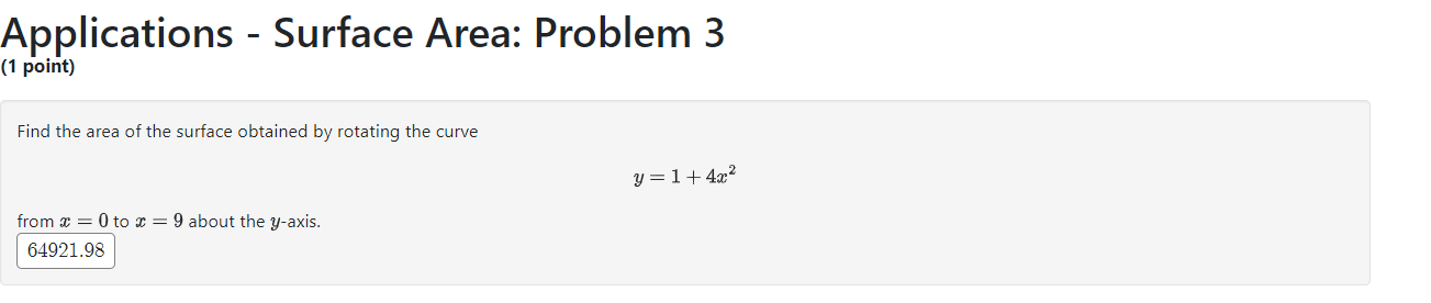 Solved Applications - Surface Area: Problem 3 (1 point) Find | Chegg.com