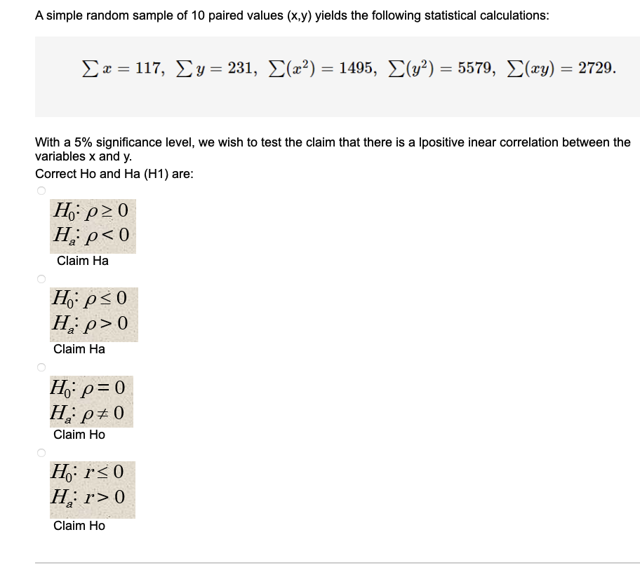 Solved A simple random sample of 10 paired values (x,y) | Chegg.com