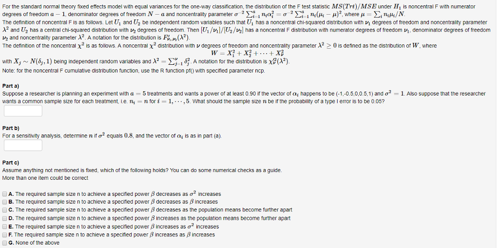 For the standard normal theory fixed effects model | Chegg.com