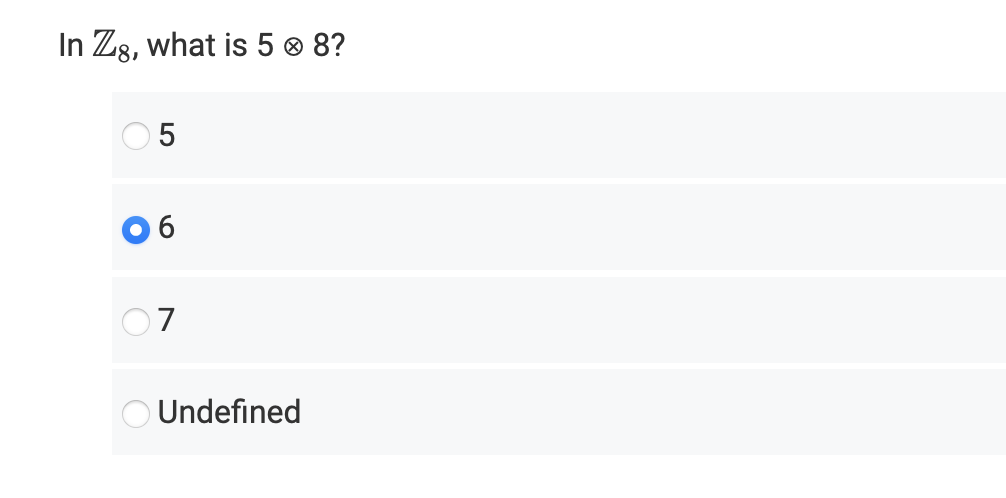 Solved lnZ8, what is 0⊕7 ? 5 6 7 UndefinedIn Z8, what is | Chegg.com