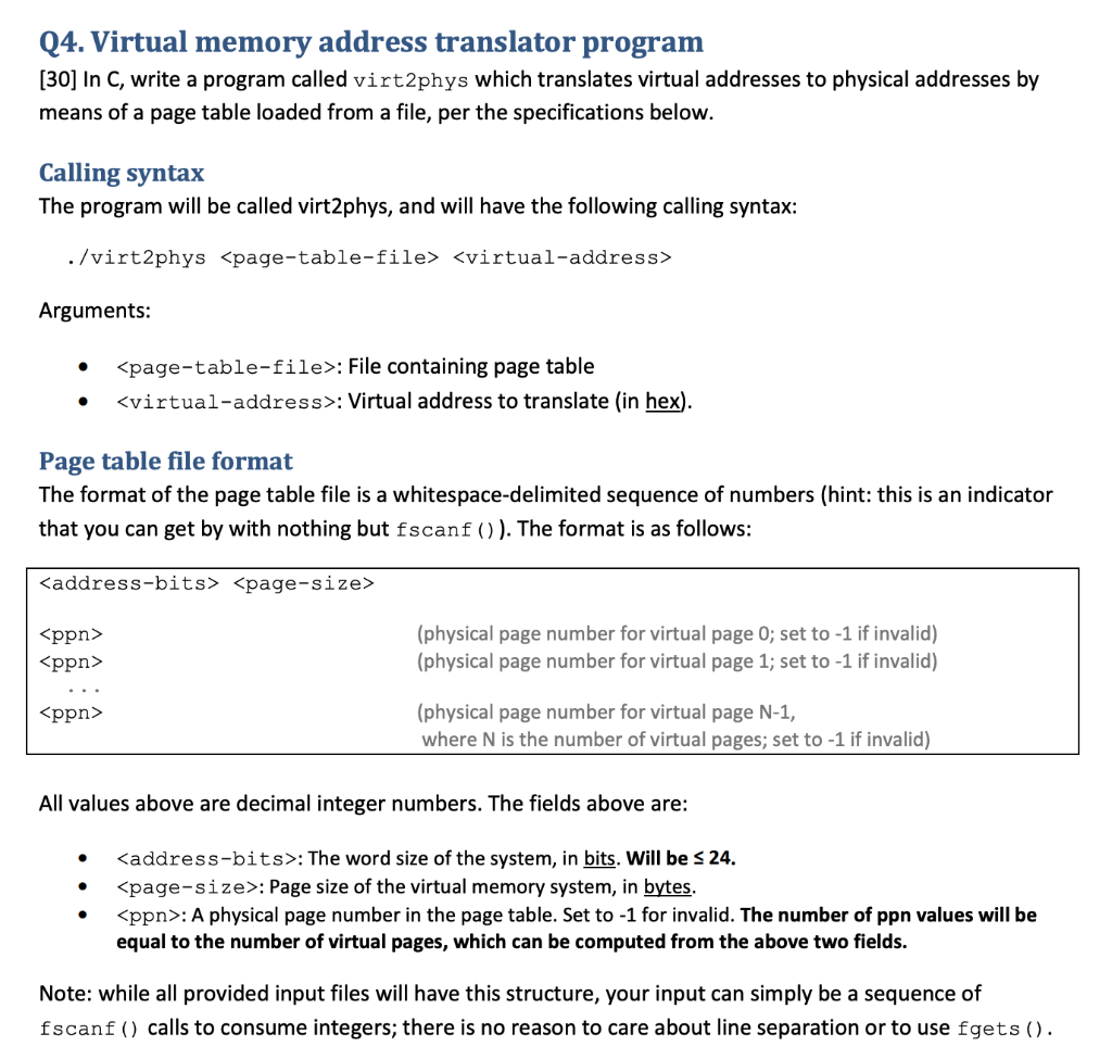 Solved Q4. Virtual memory address translator program [30] In | Chegg.com
