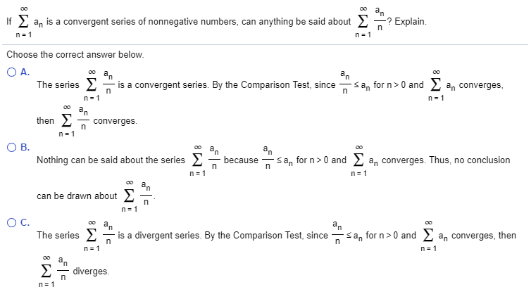 Solved If an is a convergent series of nonnegative numbers, | Chegg.com