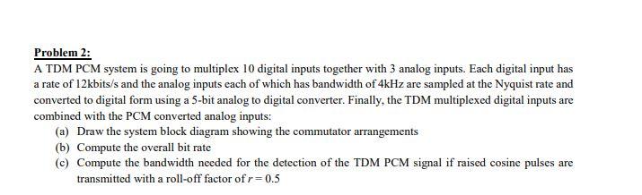 Solved Problem 2: A TDM PCM system is going to multiplex 10 | Chegg.com
