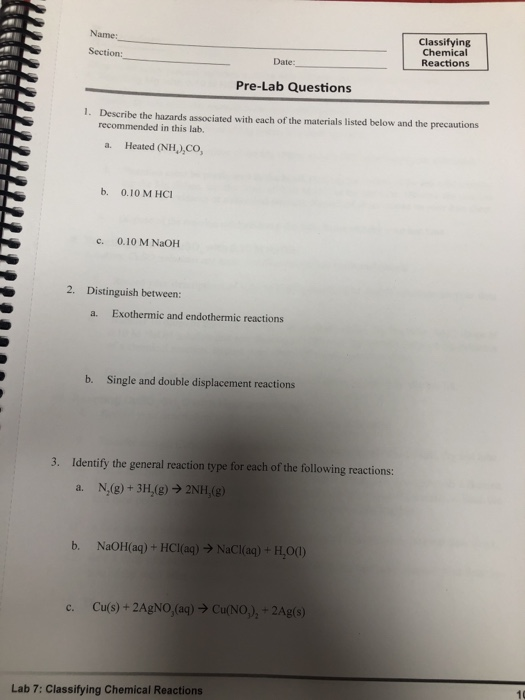 Solved Name: Section: Classifying Chemical Reactions Date: | Chegg.com