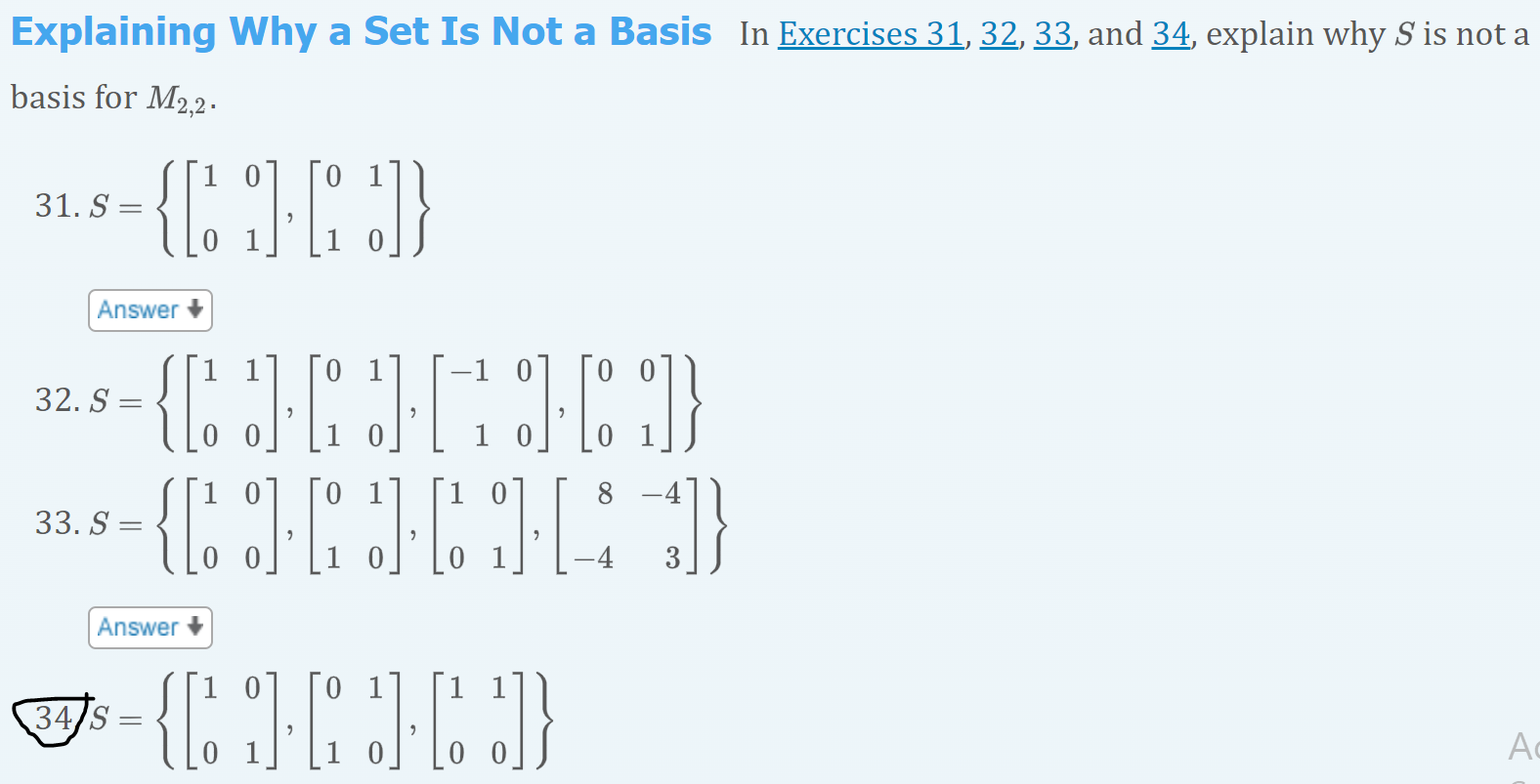 Solved Explaining Why a Set Is Not a Basis In Exercises 31, | Chegg.com