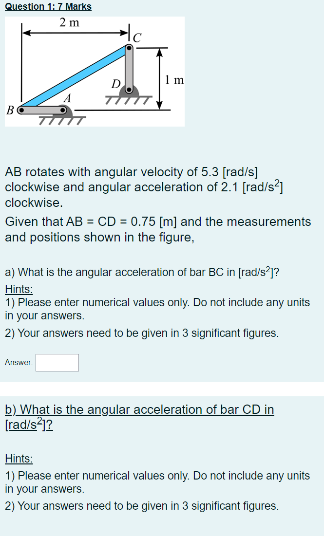 Solved Question 1: 7 Marks 2 m Mc D 1 m BG TIITIT AB rotates | Chegg.com