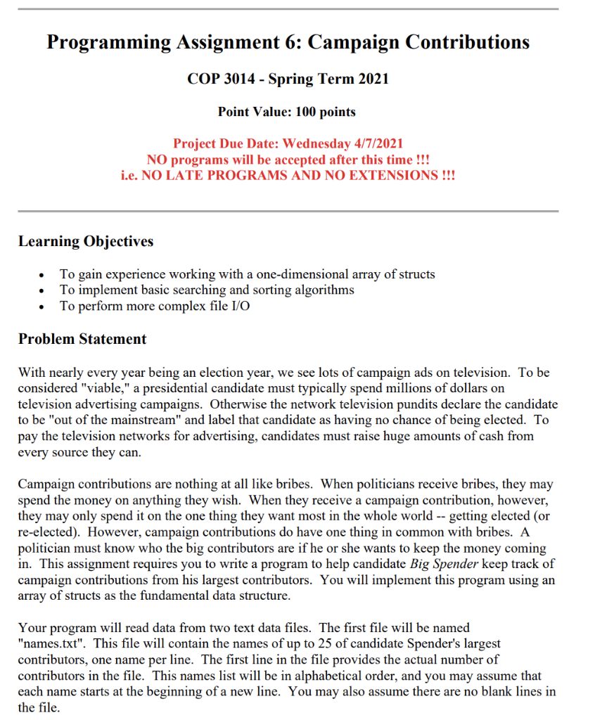 Programming Assignment 6: Campaign Contributions COP | Chegg.com