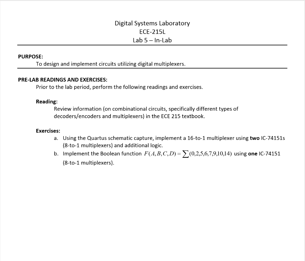 Solved Digital Systems Laboratory ECE-215L Lab 5 - In-Lab | Chegg.com