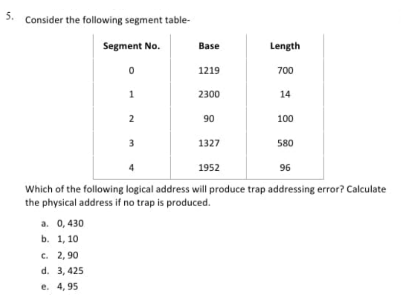 Solved 5. Consider the following segment table- Segment No. | Chegg.com