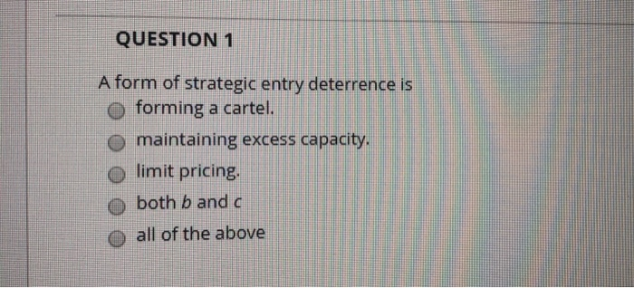 Solved QUESTION 1 A form of strategic entry deterrence is O | Chegg.com