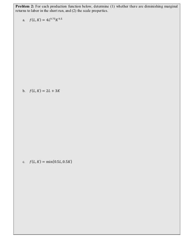 Solved Problem 2: For each production function below, | Chegg.com