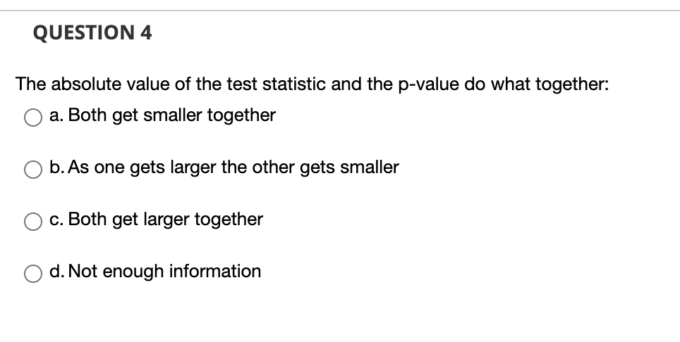 Solved QUESTION 4 The absolute value of the test statistic | Chegg.com