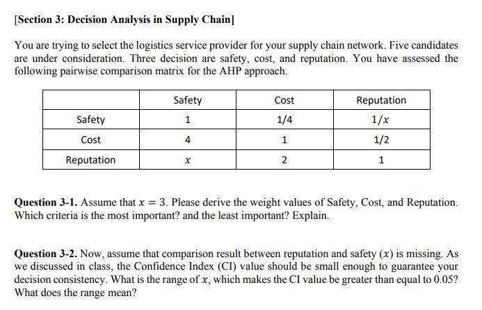 [Section 3: Decision Analysis in Supply Chain You are | Chegg.com