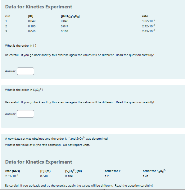 Solved Data for Kinetics Experiment(3 ﻿questions) | Chegg.com