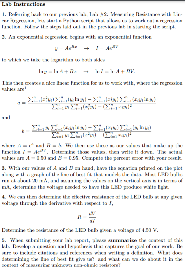 Lab #3: Non-Ohmic Resistors with Non-linear | Chegg.com