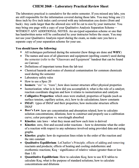 Solved CHEM 2068 - Laboratory Practical Review Sheet The | Chegg.com