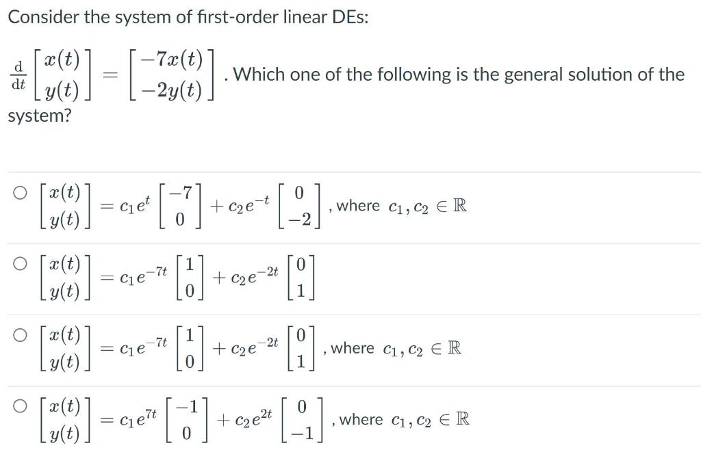Solved Consider the system of first-order linear DEs: | Chegg.com