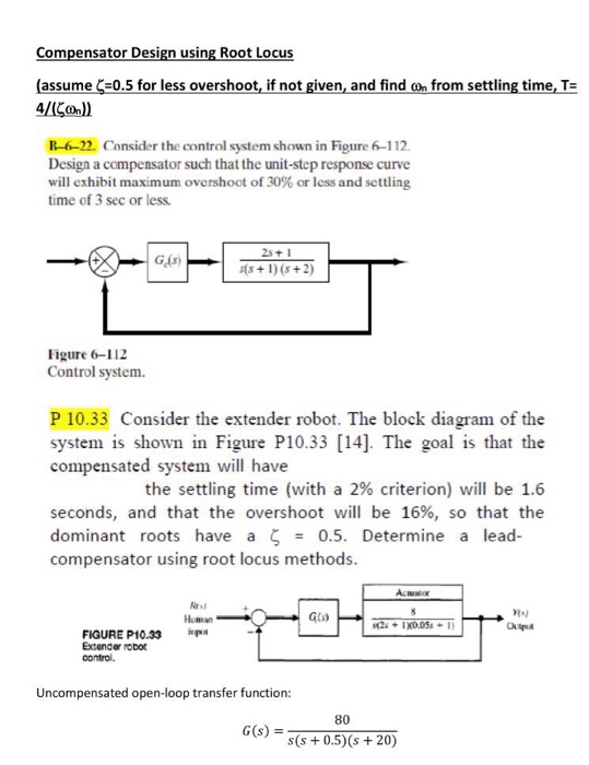 Solved Compensator Design using Root Locus (assume ζ=0.5 for | Chegg.com