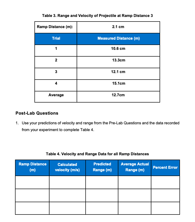 Solved EXPERIMENT 1: DISTANCE TRAVELED BY A PROJECTILE Data | Chegg.com