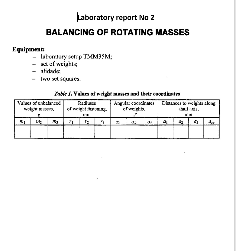 Solved Laboratory work No 2 BALANCING OF ROTATING MASSES | Chegg.com