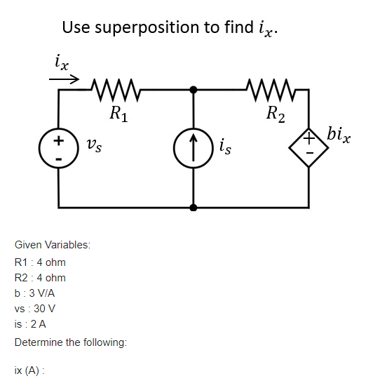 Solved Use superposition to find ix. ix w R1 R2 bix + + 1 Vs | Chegg.com