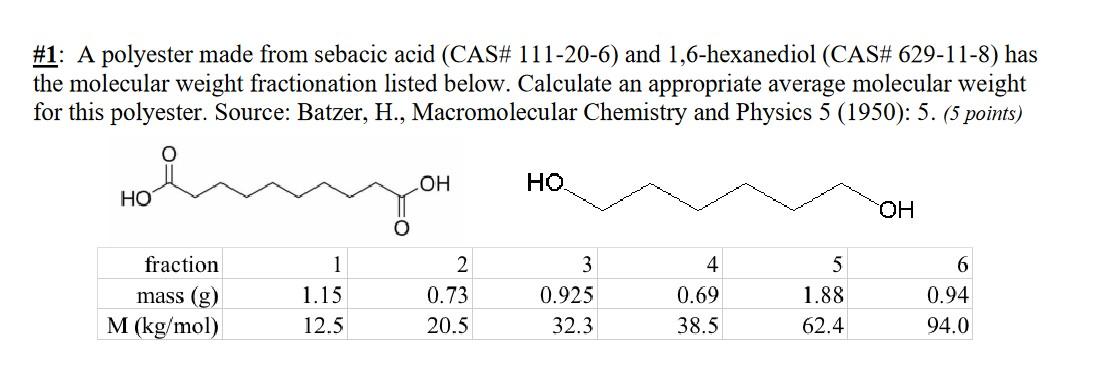 Solved \#1: A polyester made from sebacic acid (CAS\# | Chegg.com
