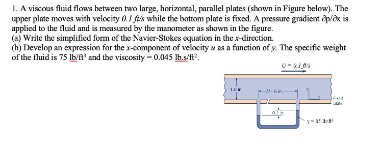 Solved 1. A viscous fluid flows between two large, | Chegg.com