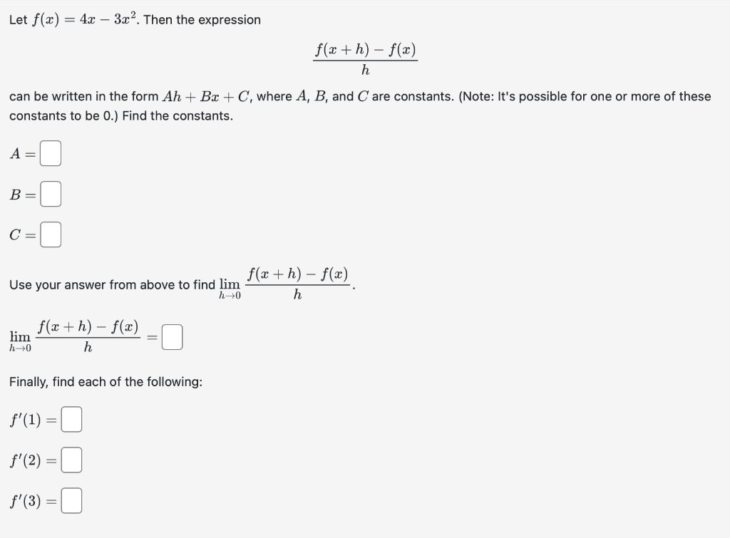 Solved Let f(x)=4x−3x2. Then the expression hf(x+h)−f(x) can | Chegg.com