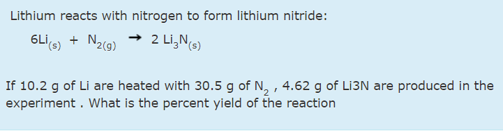 Solved Lithium reacts with nitrogen to form lithium nitride: | Chegg.com