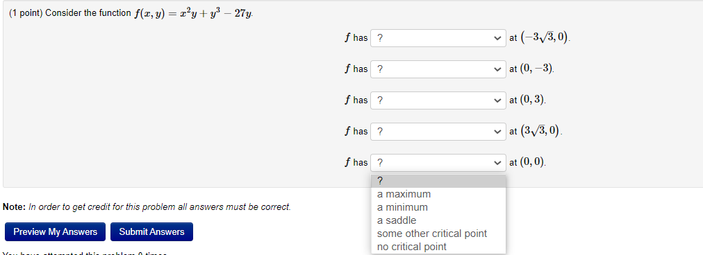 Solved (1 point) Consider the function f(x, y) = x²y + y3 – | Chegg.com