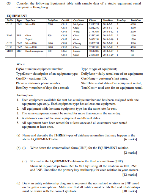 Solved Q3 Consider the following Equipment table with sample | Chegg.com