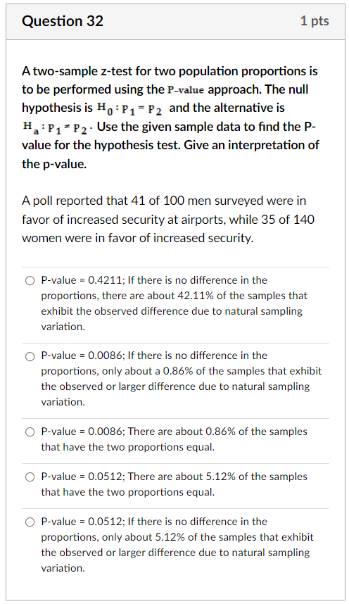 Solved Question 32 1 pts A two-sample z-test for two | Chegg.com