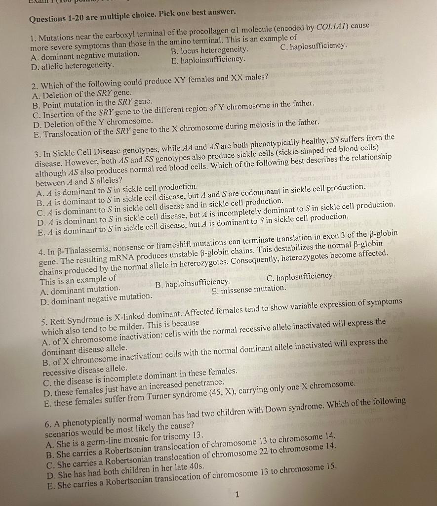 Solved Questions 1-20 are multiple choice. Pick one best | Chegg.com