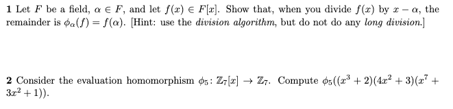 Solved 1 Let \\( F \\) be a field, \\( \\alpha \\in F \\), | Chegg.com