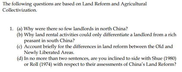 The following questions are based on Land Reform and | Chegg.com