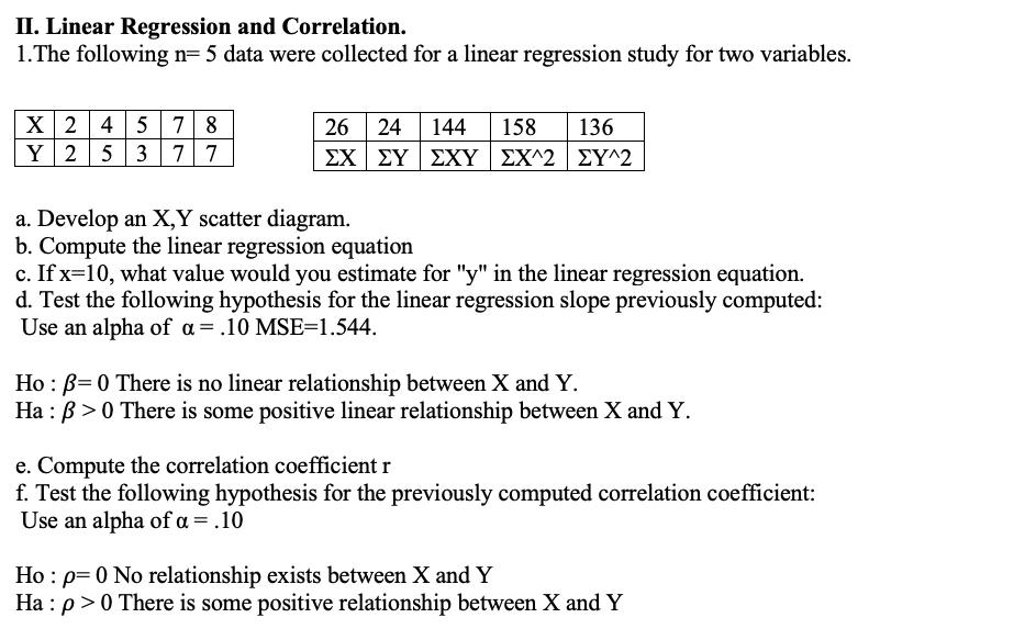 Solved II. Linear Regression and Correlation. 1. The | Chegg.com