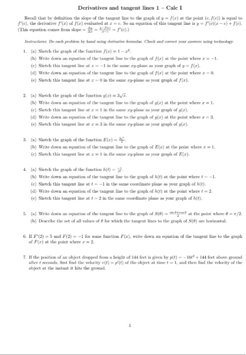 Solved Derivatives and tangent lines 1-Calc I Recall that by | Chegg.com