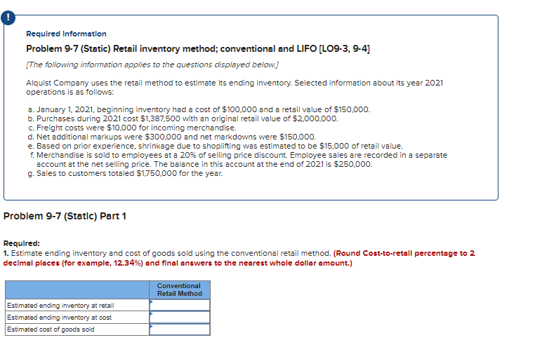 Solved Requlred Informetion Problem 9−7 (Static) Retail | Chegg.com