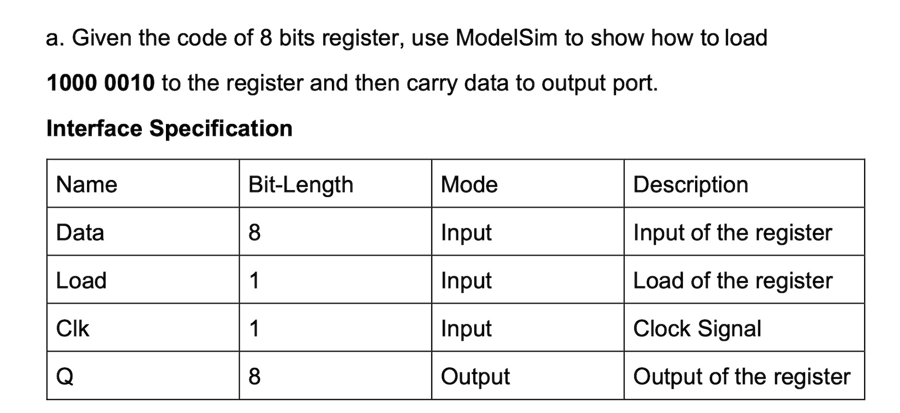 Solved a. Given the code of 8 bits register, use ModelSim to | Chegg.com