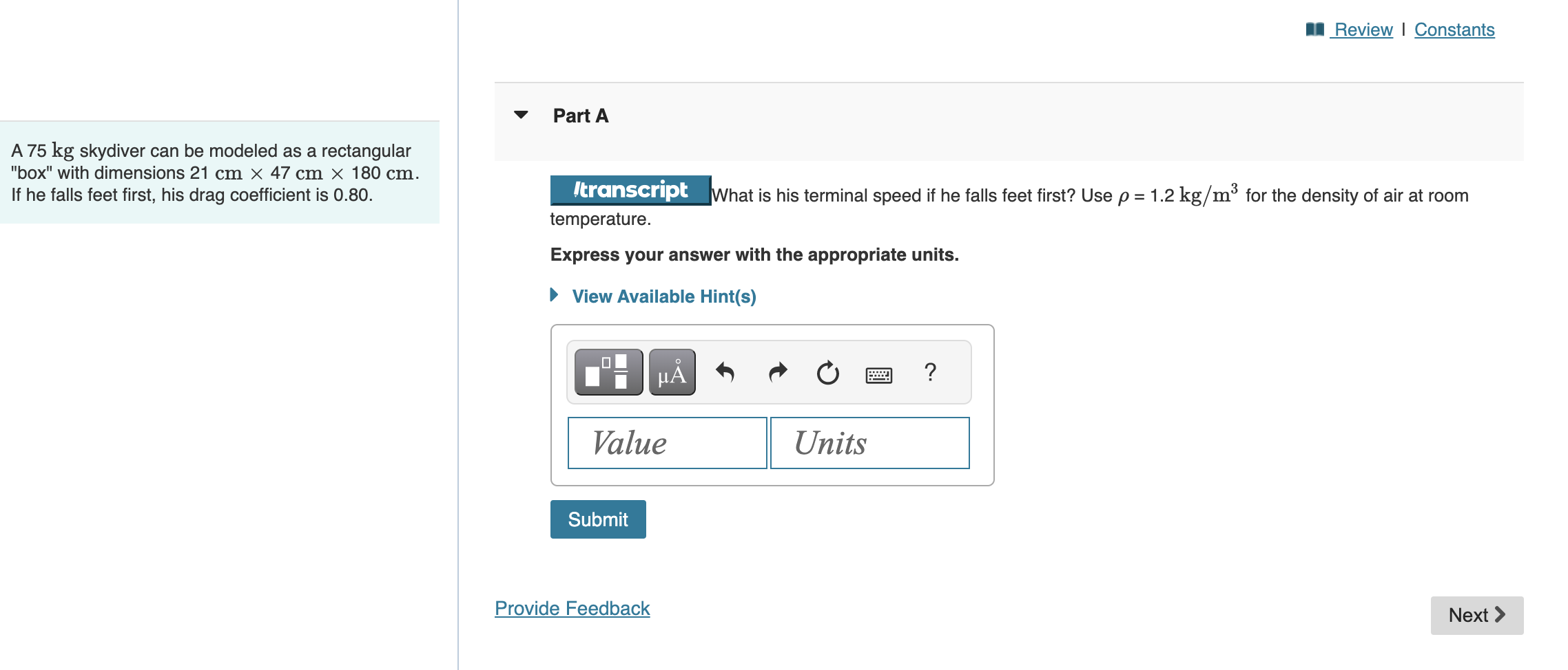 Solved A 75 kg skydiver can be modeled as a rectangular | Chegg.com
