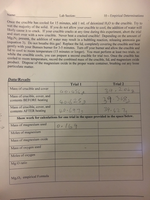Solved Name: Lab Section: 10- Empirical Determinations Once | Chegg.com
