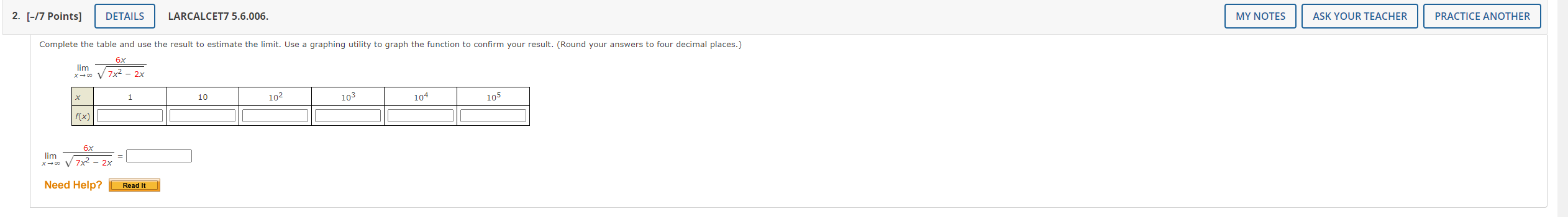 Solved 2. [-/7 Points] DETAILS LARCALCET7 5.6.006. Complete | Chegg.com