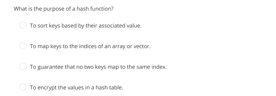 Solved What is the purpose of a hash function? To sort keys | Chegg.com